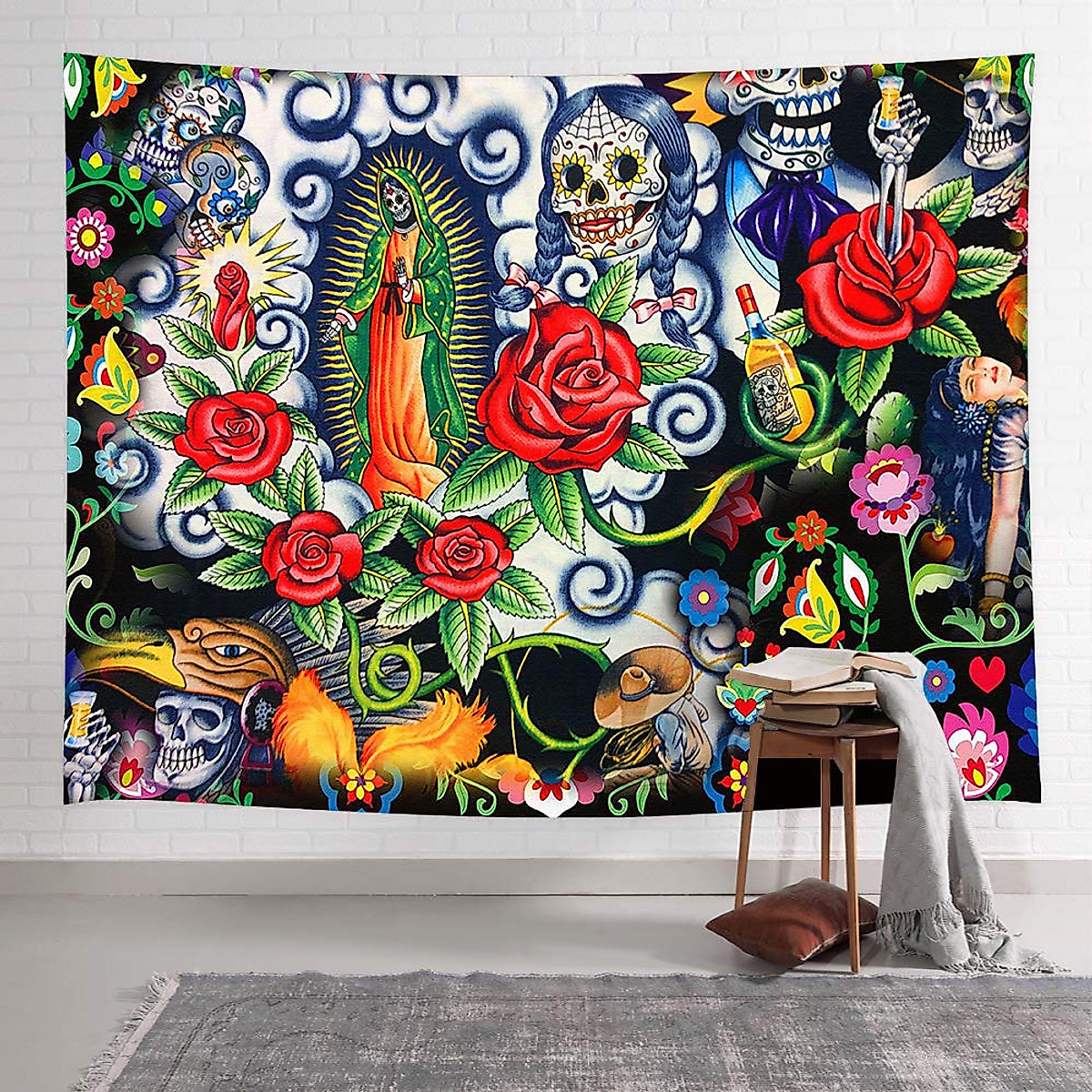 FEASRT Day of Dead Tapestry Rose Skull Tapestry Mexican Skeleton Tapestry Wall Hanging Tapestries for Bedroom Living Room Apartment Dorm Decorations Wall Art Decor Tapestry 80x60 Inches GTZYAY270