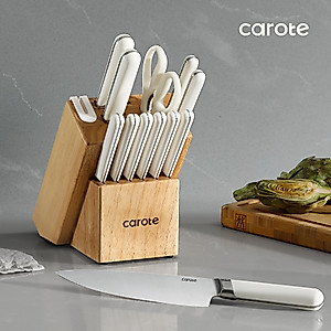 CAROTE 14PCS Kitchen Knife Set with Block, Stainless Steel Blade Knife Block Set, Knife Set with Built-in Sharpener, Razor-Sharp,White