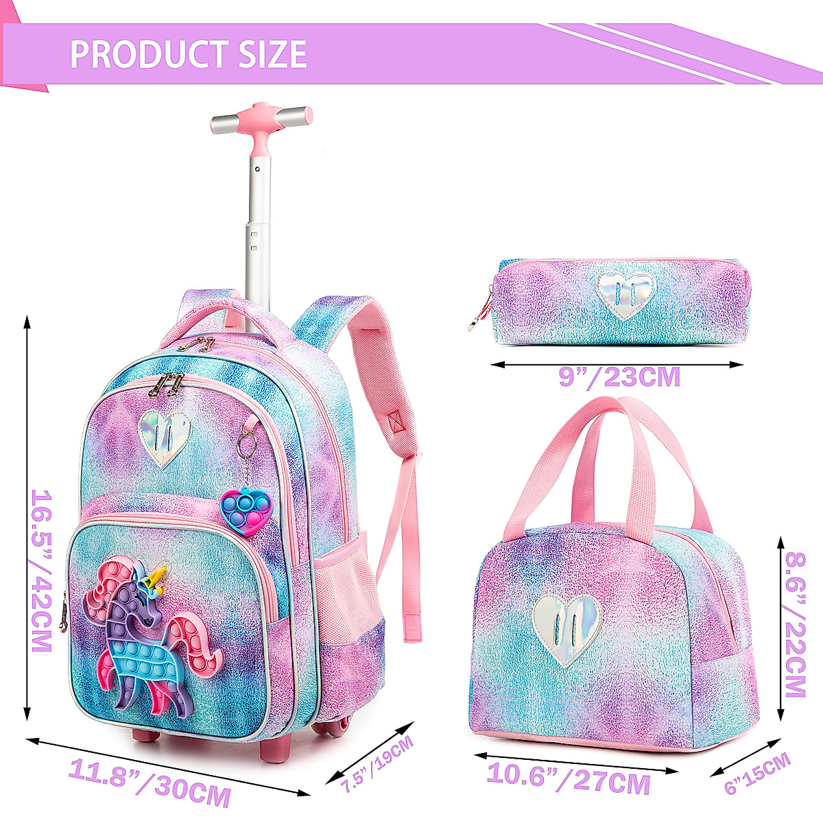 JSMNIAI Unicorn Rolling Backpack for Girls Backpack with Wheels Kids Trolley School Bags Trip Luggage with Lunch Box for Elementary Girls Travel Purple Suitcase
