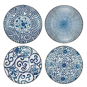 Foraineam Set of 4 Blue and White Porcelain Serving Plates Floral Dinner Shallow Plates Appetizer Salad Dessert Snack Plate Set