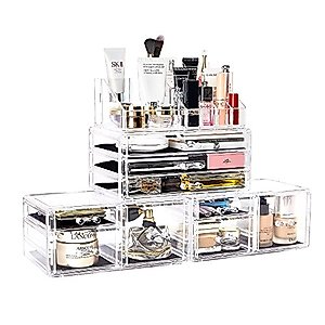 DreamGenius Makeup Organizer 4 Pieces Acrylic Makeup Storage Organizer Box with 9 Drawers for Lipstick Jewerly and Makeup Brushes, Stackable Cosmetic Display Cases for Dresser and Bathroom Countertop