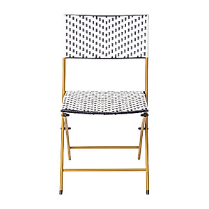 EMMA + OLIVER Ciel Two Piece Folding Bistro Chairs - Navy and White PE Rattan - Natural Finish Metal Frames - Indoor/Outdoor Use