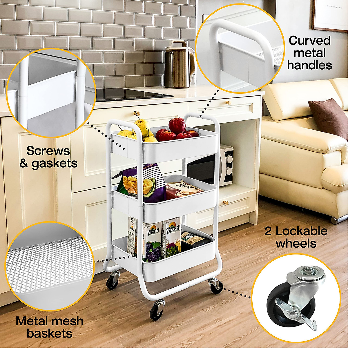 Homestead 3-Tier Rolling Cart - Heavy Duty Metal Rolling Cart, Lockable Casters, Multifunctional Storage Shelves - Great for Kitchen, Office, Bathroom, Laundry Room (White)