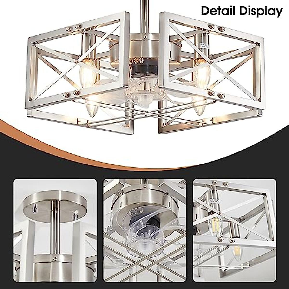 PUNSOKO Ceiling Fans with Lights, Brushed Nickel Fandelier Ceiling Fan with Light and Remote, 20'' Modern Bladeless Chandelier Fan Flush Mount for Kitchen, Bedroom, Living Room