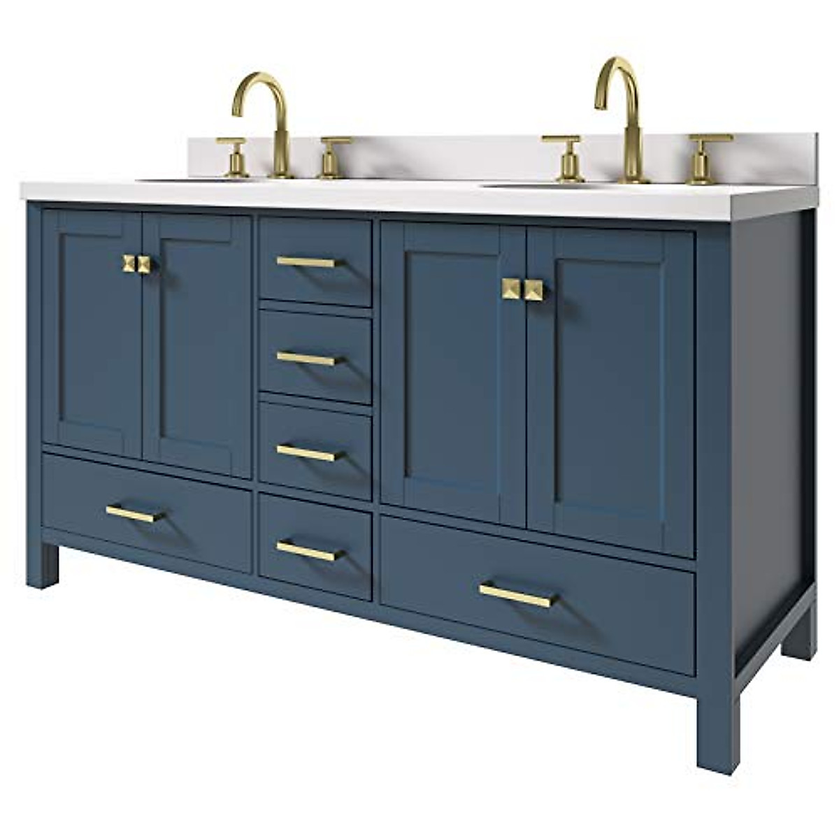 ARIEL Double Bathroom Vanity 61" Inch in Midnight Blue with Pure White Quartz Countertop, Oval Sinks, 4 Soft Closing Doors and 6 Full Extension Dovetail Drawers, No Mirror