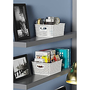 Woven Plastic Storage Baskets, 6 Pack White Weave Bins Organizer, 10.1" x 7.55" x 4.1"