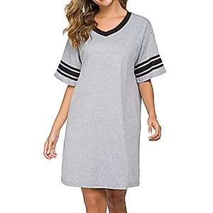 Vslarh Women's Nightgown, Cotton Sleep Shirt V Neck Nightshirts Short Sleeve Loose Comfy Pajamas Dress Casual Sleepwear (Gray, XXL)