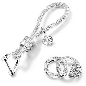 Crystal Car Keychain Bling Keychain Accessories Glitter KeyRing Strap with Heart Charm Key Decorations for Women Auto (Silver)