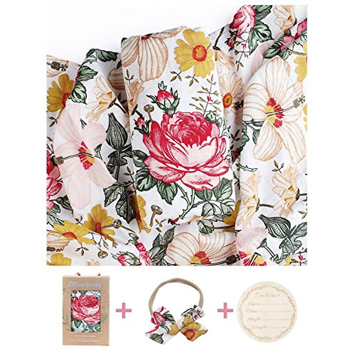 Bamboo Cotton Muslin Floral Swaddle Blankets Girl with Headband| Hospital Newborn Baby Receiving Blanket| Silky Soft Large 47’’X47’’| Newborn Baby Nursery Swaddle Wrap |Birth Announcement Card