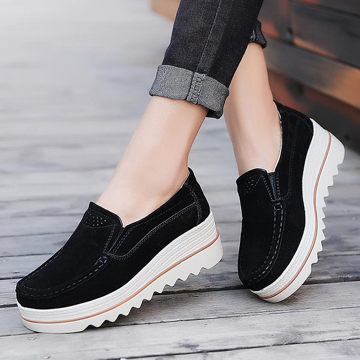 IEason-shoes, Women Flats Muffin Shoes Sneakers Leather Casual Shoes Creepers Moccasins (8, Black)