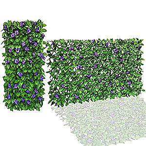 Sumery Expandable Fence Privacy Screen for Balcony Patio Outdoor,Decorative Faux Ivy Fencing Panel,Artificial Hedges (Single Sided Leaves) (1, Green-Flowers)