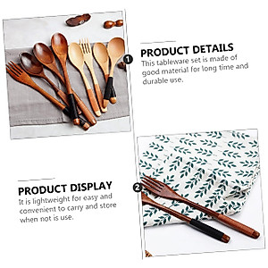 HOMSFOU 4pcs Japanese Wooden Handle Fork and Spoon Wood Soup Wood Cake Forks Stainless Steel Flatware Wooden Forks and Antique Flatware Wooden Tableware Kits Travel Salad Solid Wood