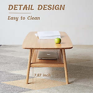 Bamskov 2-Tier Solid Oak Wood Coffee Table - Practical Center Table with Double Storage for Small Apartments, Living Rooms, Bedrooms, and Offices (Natural, 39.37" D x 19.69" W x 17.32" H)