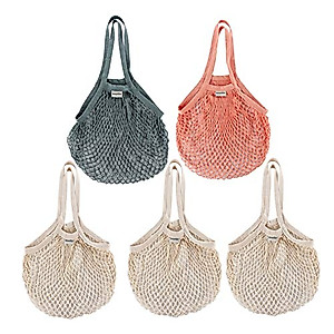 Lemonfilter Reusable Mesh Grocery Bags, 5 Pack Cotton Mesh Produce Bags, Foldable Washable Cotton String Shopping Bags Long Handle Net Tote Bag for Vegetables Fruit Farmers Market Shopping (3 color)