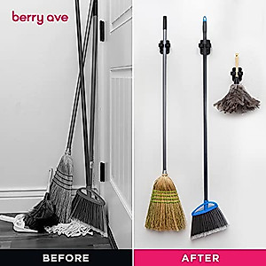 Berry Ave Broom Holder & Mop Grippers [5-Pack]- Self Adhesive, No-Drilling, Wall Mount Tool Organizers For Kitchen, Garage, Laundry Room- Anti-Slip Hanger For Brooms, Mops, Rakes, Dustpans- Black