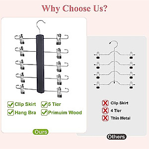 Wooden Skirt Hangers, 2 Pack Pants Hangers with Clips for Closet, 2 in1 Design Closet Organizer, Space Saving in One Clothes Hanger for Skrits/Pants/Bras/Tank Top, Girls Dorm Room Essentials
