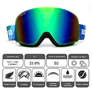 JUST GO Ski Goggles for Skiing Dual-Layer Anti-Fog 100% UV Protection lens Snowboard Goggles, Green Frame/Green Revo Lens (VLT 23.8%)