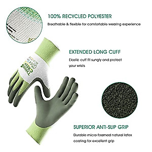 COOLJOB 3 Pairs Gardening Gloves for Women and Men, Recycled Polyester Garden Gloves with Rubber Coated, Non-slip Working Gloves for Outdoor Indoor Workers, Green & White, Large Size