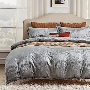 Bedsure Velvet Duvet Cover Set - Luxurious, Glossy King Size Duvet Cover Set, Grey Duvet Cover King Size with 2 Pillow Shams (Silver Grey, King, 104 x 90 inches)