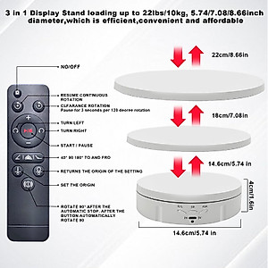 3 in 1 Remote Motorized Rotating Display Stand, 360 Degree Electronic Turntable Display Stand, Motorized Lazy Susan with 5.7/7/8.6inch Replacement Cover for Photography Products and Shows (white)