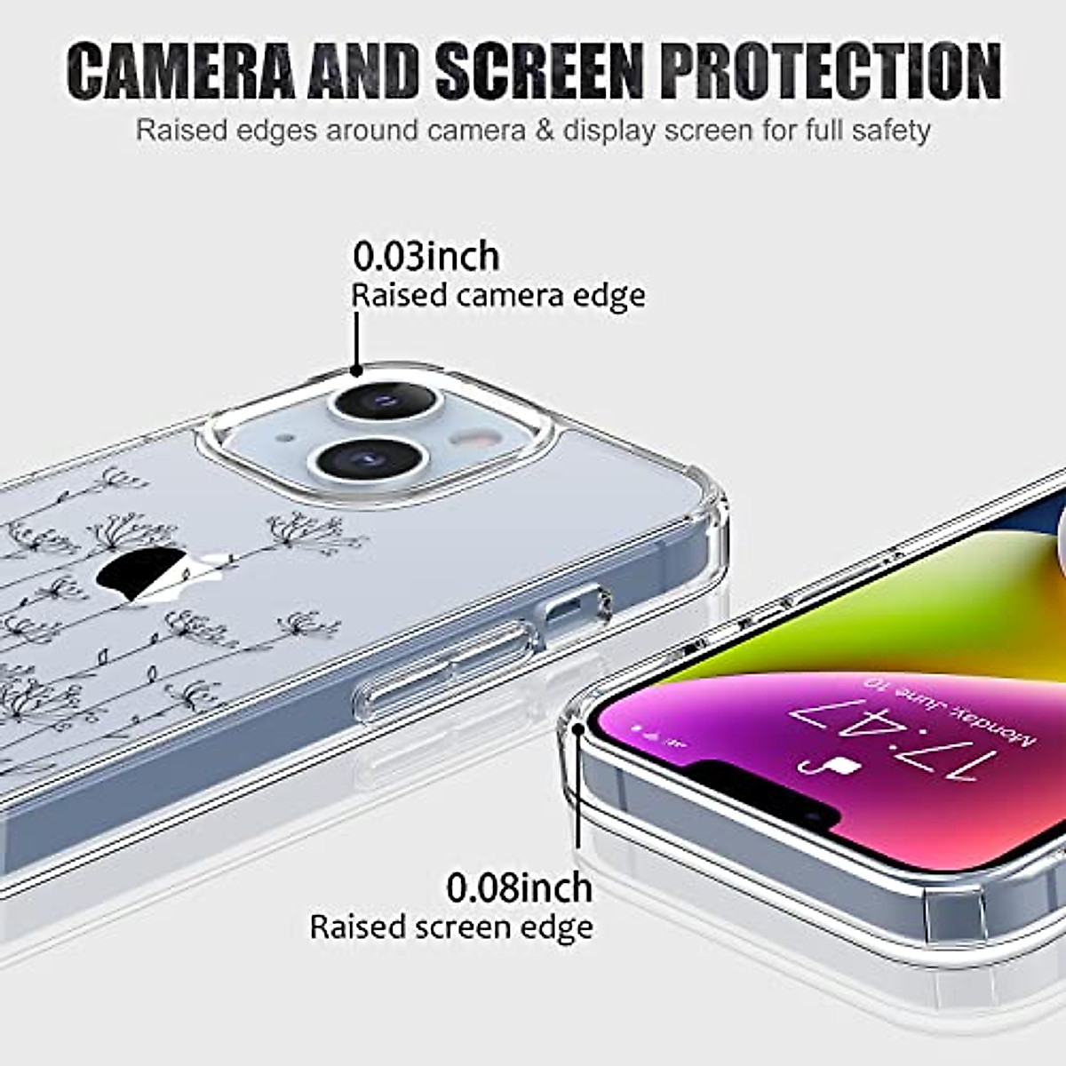 LUHOURI iPhone 14 Case with Screen Protector, Clear Cover with Fashion Cute Designs for Women Girls, Slim Fit Durable Protective Phone Case for Apple iPhone 14 6.1" Elegant Small Flowers