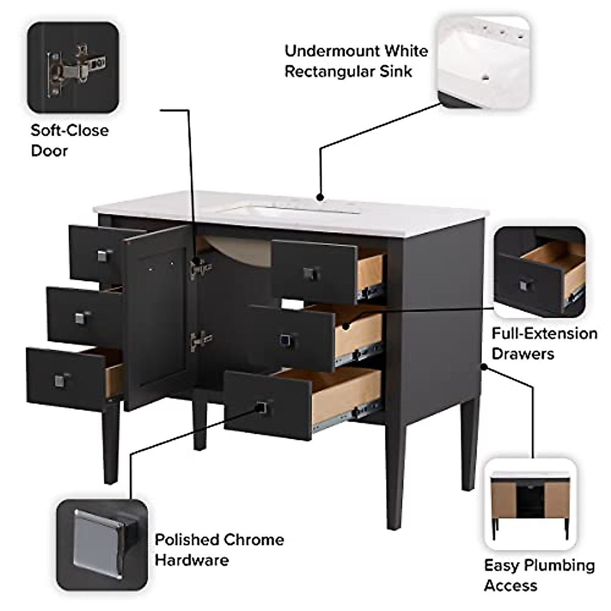 Spring Mill Cabinets Fordwin Bathroom Vanity with 1-Door Cabinet, 6 Drawers, Countertop with Undermount Sink, 43" W x 22" D 35.1" H, Shale Gray/Pulsar Top