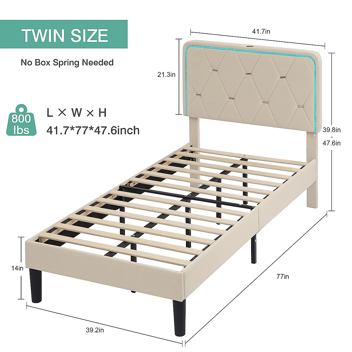 VECELO Upholstered Twin Bed Frame with Headboard Adjustable, Velvet Platform Bed with LED Lights, Charging Station, Mattress Foundation with Wooden Slats, Noise Free, No Box Spring Needed, Beige