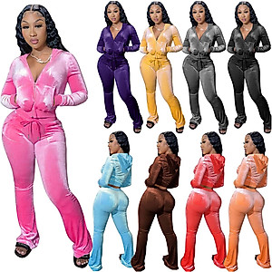 Womens Velour Hoodie Jogger Tracksuit Two Piece Outfits for Women, Long Sleeve Full-Zip Up Crop Tops Jacket Flared Pants Matching Set Sportswear Jogging Sweatsuit Pockets Patchwork Glitter Stripe