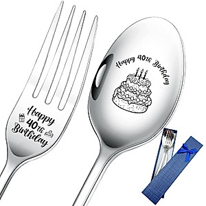 HSSPIRITZ 2 Pieces Happy 40th Birthday Stainless Engraved Spoon Fork Set, Kitchen Restaurant Long Handle Spoons and forks for Birthday Gifts for Dad Mom Husband Wife Uncle Aunt Sister Brother Friends