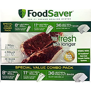 FoodSaver B005SIQKR6 Special Value Vacuum Seal Combo Pack 1-8" 4-11" Rolls 36 Pre-Cut Bags, 1Pack, Clear