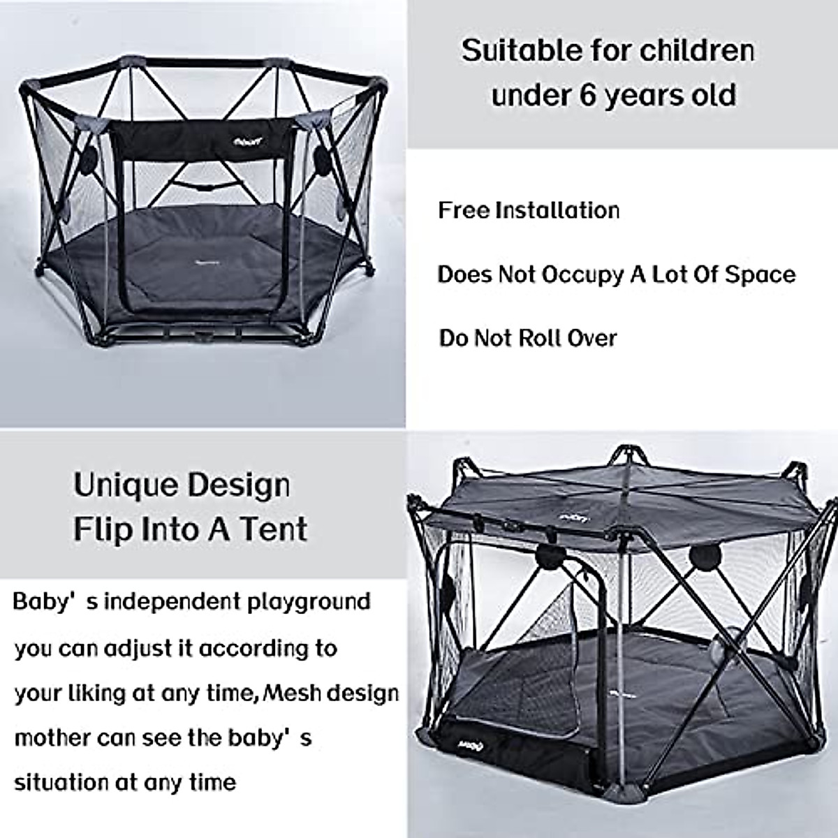 Abon Babies 6 Panel Play Pen Playard for Infants Portable Indoor and Out Door Washable Easy Assemble Play Activity Area with Mat and Carrying Bag for 1-6 Age 53" Wx 30" H(Grey