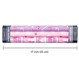 WRAPAHOLIC Christmas Wrapping Paper Roll - Mini Roll - 3 Rolls - 17 Inch X 120 Inch Per Roll - Pastel Pink and Purple Reindeer, Candy Cane with JOY, Snowflake Holiday Collection