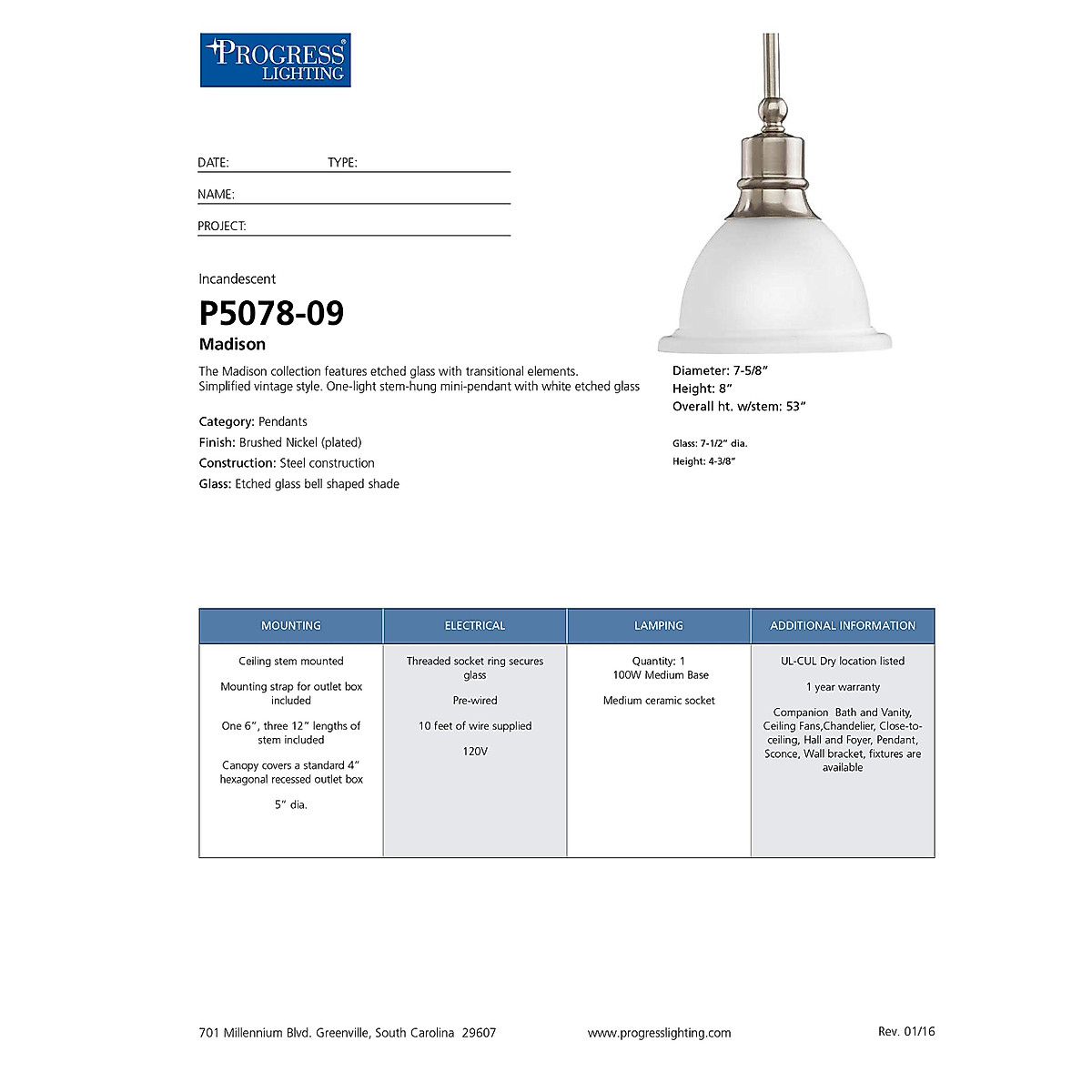 Progress Lighting P5078-09 Madison Pendants, 7-1/2-Inch Diameter x 8-Inch Height, Brushed Nickel