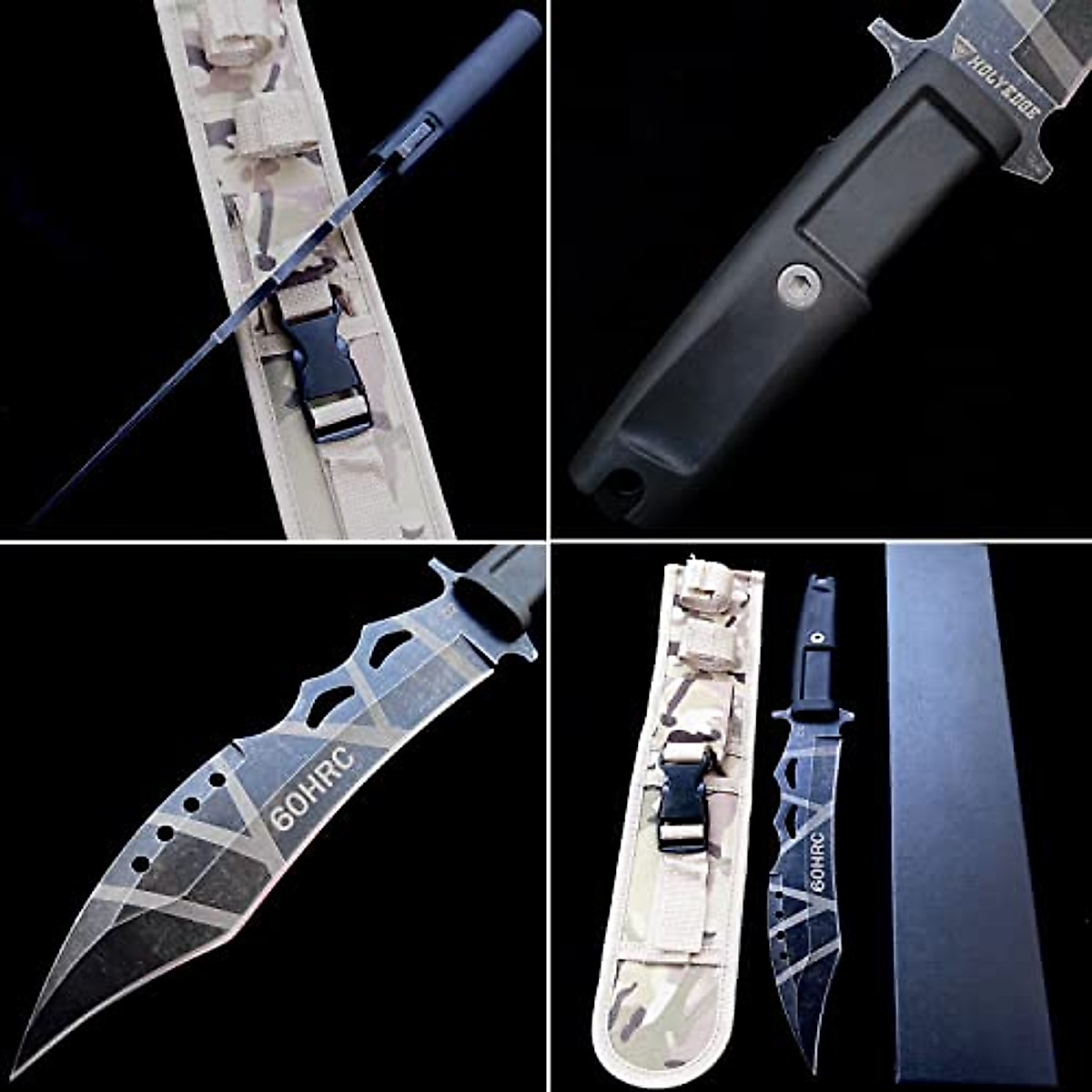 HOLYEDGE 14.1 inch Stonewash Full-tang Fixed Blade Tactical Knife - Fantasy Large Sturdy Military Survival Combat Knife Camping Hunting Knives with Sheath