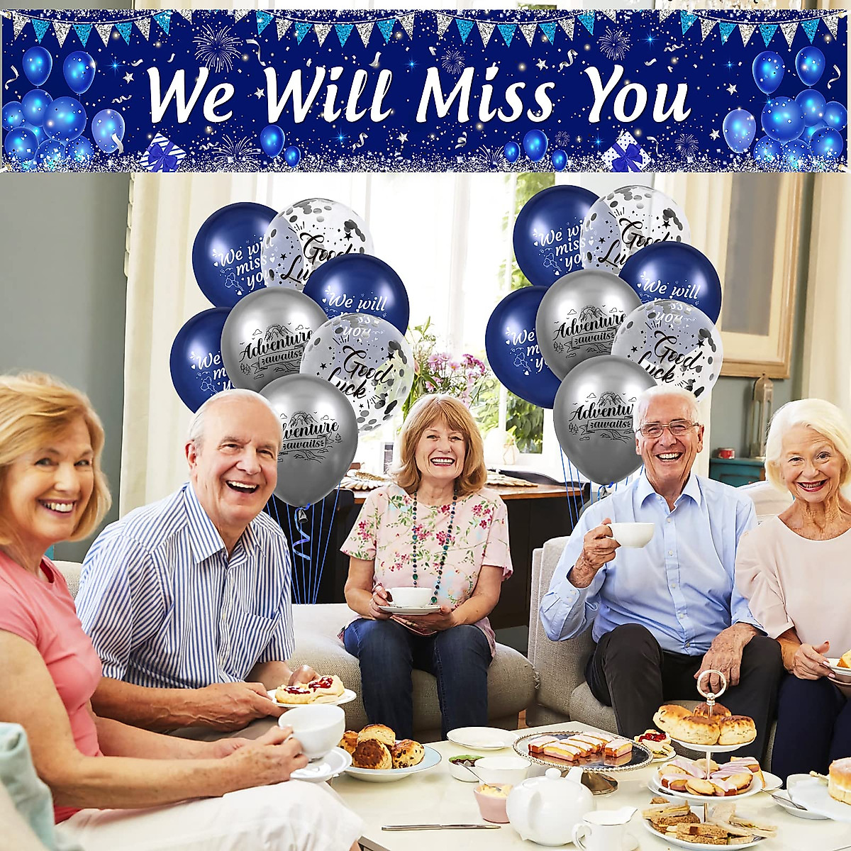 Blue We Will Miss You Party Decorations Navy Blue Silver We Will Miss You Banner and 18Pcs Good Luck We Will Miss You Balloons for Farewell Going Away Retirement Graduation Goodbye Party