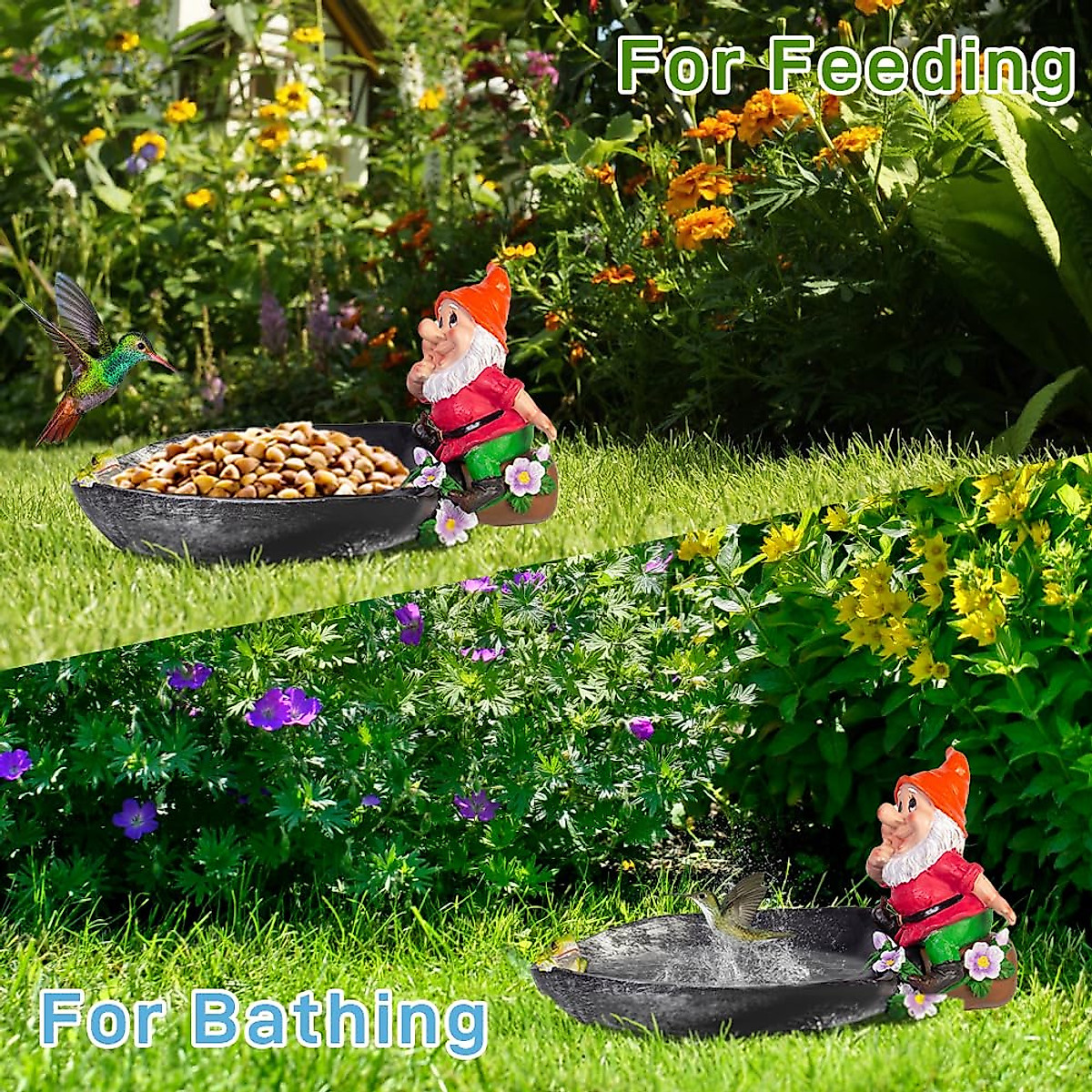 giole Shovel Shaped Bird Bath with Dwarf, Resin Bird Baths for Outdoors, Gnome Birdbath Bowl for Patio Lawn Garden Decor