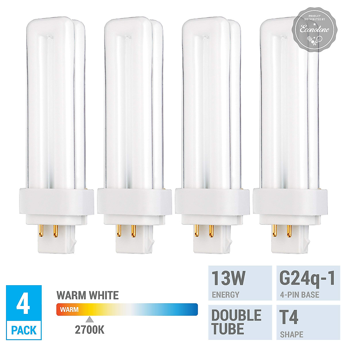 KOR - 13 Watt Double Tube - G24Q-1 (4 Pin) Base, 2700K Warm White - CFL Light Bulb. Replaces Sylvania 20682 CF13DD/E/827 and GE 97594 F13DBX/827/ECO4P - 4 Pack (Warm White)