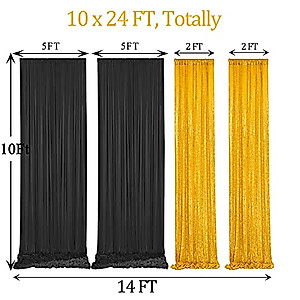 10x10 ft Black Backdrop Curtains and 10x4 ft Gold Sequin Backdrop Curtains, Black and Gold Backdrop Curtains for Parties, Wrinkle Free Backdrop Drapes for Wedding Birthday, 4 Panels