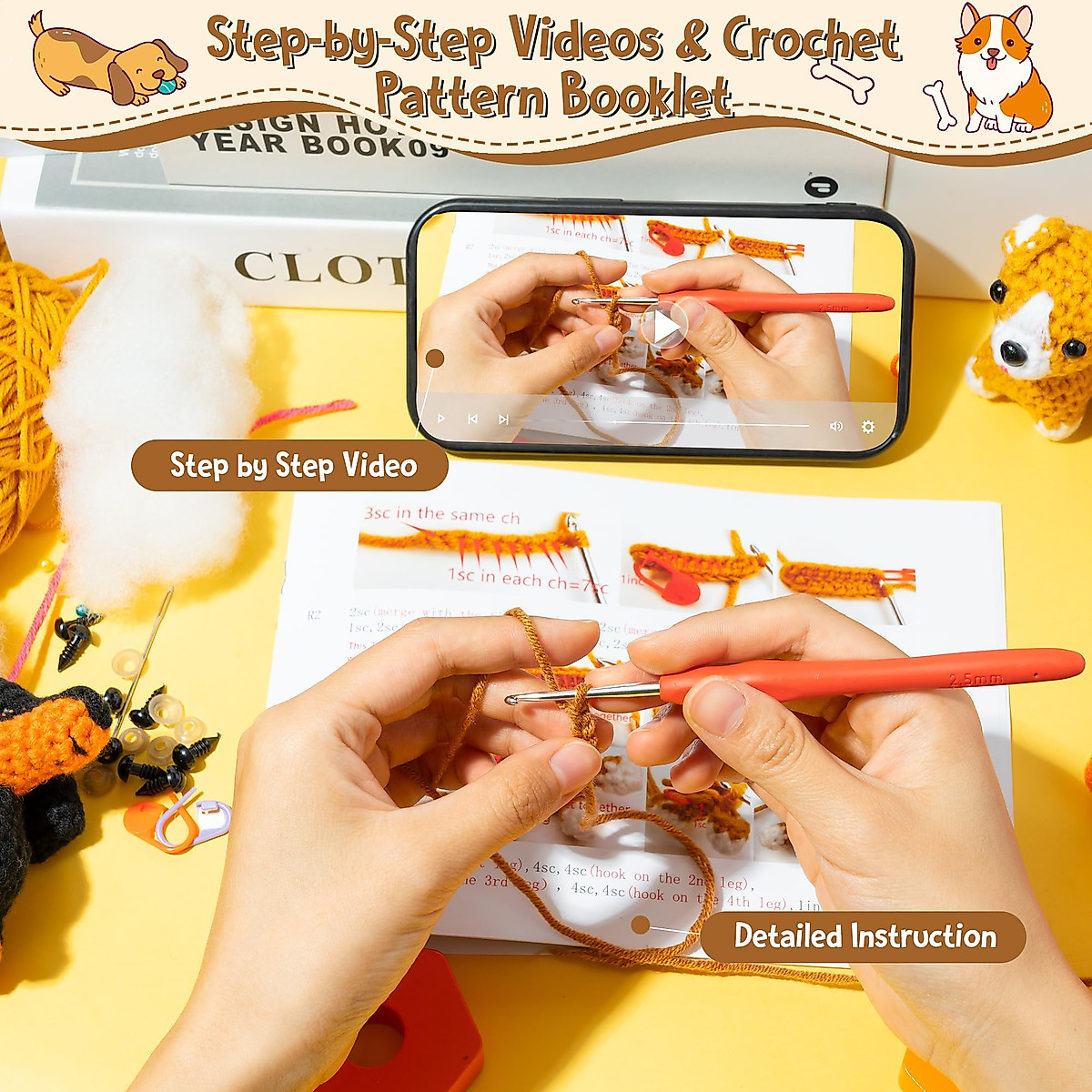 BWkoss Crochet Kit for Beginners, Cute Animal Dog Crochet Starter Kit Dachshund Golden Retriever Welsh Corgi DIY Yarn Knitting Craft Supplies with Step-by-Step Video Tutorials for Knitting Enthusiast