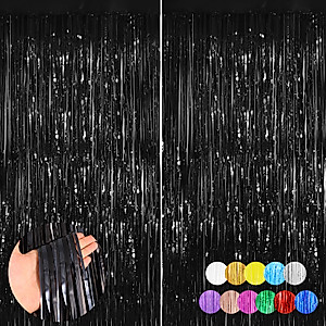 Black Metallic Tinsel Foil Fringe Curtains Backdrop 2Pack 3.3x8.3Ft Party Streamers for Birthday Party Decorations Halloween Christmas Decors Foil Curtain Backdrop for Bachelorette Bridal Party