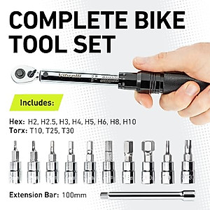 Vibrelli Bike Torque Wrench Set - 1/4 Inch Drive - 2 to 20nm, 0.1 Nm Micro - Essential MTB & Bicycle Torque Wrench Tools. Hex/Allen 2-10, Torx 10-30, 100mm Extension Socket, Storage Case