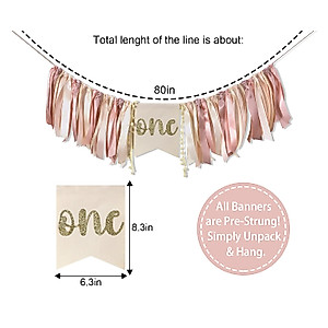 Pink Gold One Highchair Banner - Pink Birthday Party Decoration, Gold One High Chair Banner For 1st Birthday Girl, Cake Smash Photo Prop, Baby Shower Garland (Flower One Banner Pink)