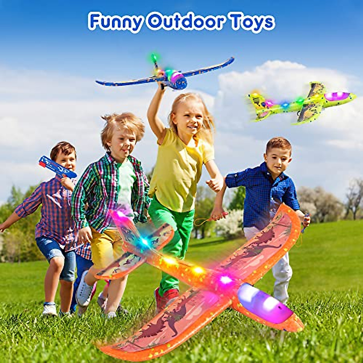 Lydaz 3 Pack Airplane Launcher Toys, 2 Flight Modes LED Slingshot Foam Airplanes for Kids with 3 DIY Stickers, Outdoor Sport Flying Toys Birthday Gifts for Boys Girls Age 3 4 5 6 7 8 10-12 Years Old