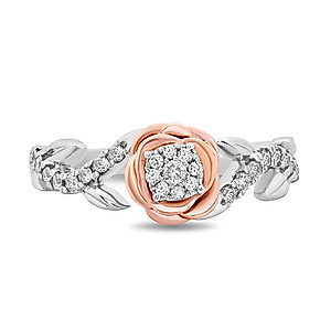 Jewelili Enchanted Disney Fine Jewelry 14K White Gold and Rose Gold 1/4 Cttw Diamond Belle Promise Ring Size 8