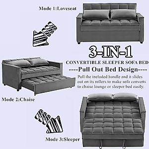 Gagawin Convertible Sofa Bed, 3-in-1 Pull Out Sleeper with 2 Pillows and Side Pockets, Soft Velvet Futon Loveseat Pull Out Bed Couch for Living Room, No.1-Gray