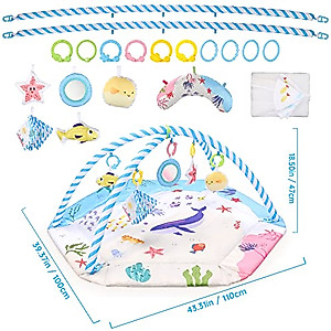 5-in-1 Baby Play Mat, Thickened Tummy Time Mat & Ball Pit Ocean Theme Baby Activity Mat with Net, Non-Slip & Washable for 3-18M Baby Motor&Cognition Development, 39.4x43.3x18.5 Inch
