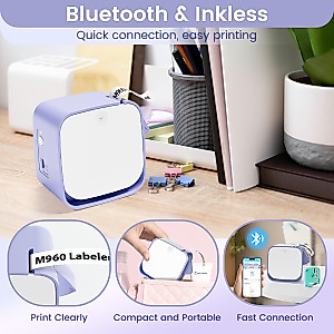 Vixic Label Maker Machine, Bluetooth Labeler, Inkless & Portable Min Label Maker, 12mm 0.47'' Labeling Tapes, Easy to Use, Multiple Icons for Home School Organizing, Rechargeable, M960 Purple