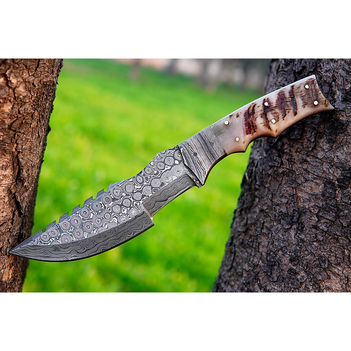 Ottoza Tracker Knife & Ram Horn Handle - Damascus Hunting Knife - Horizontal Carry Knife Sheath 262