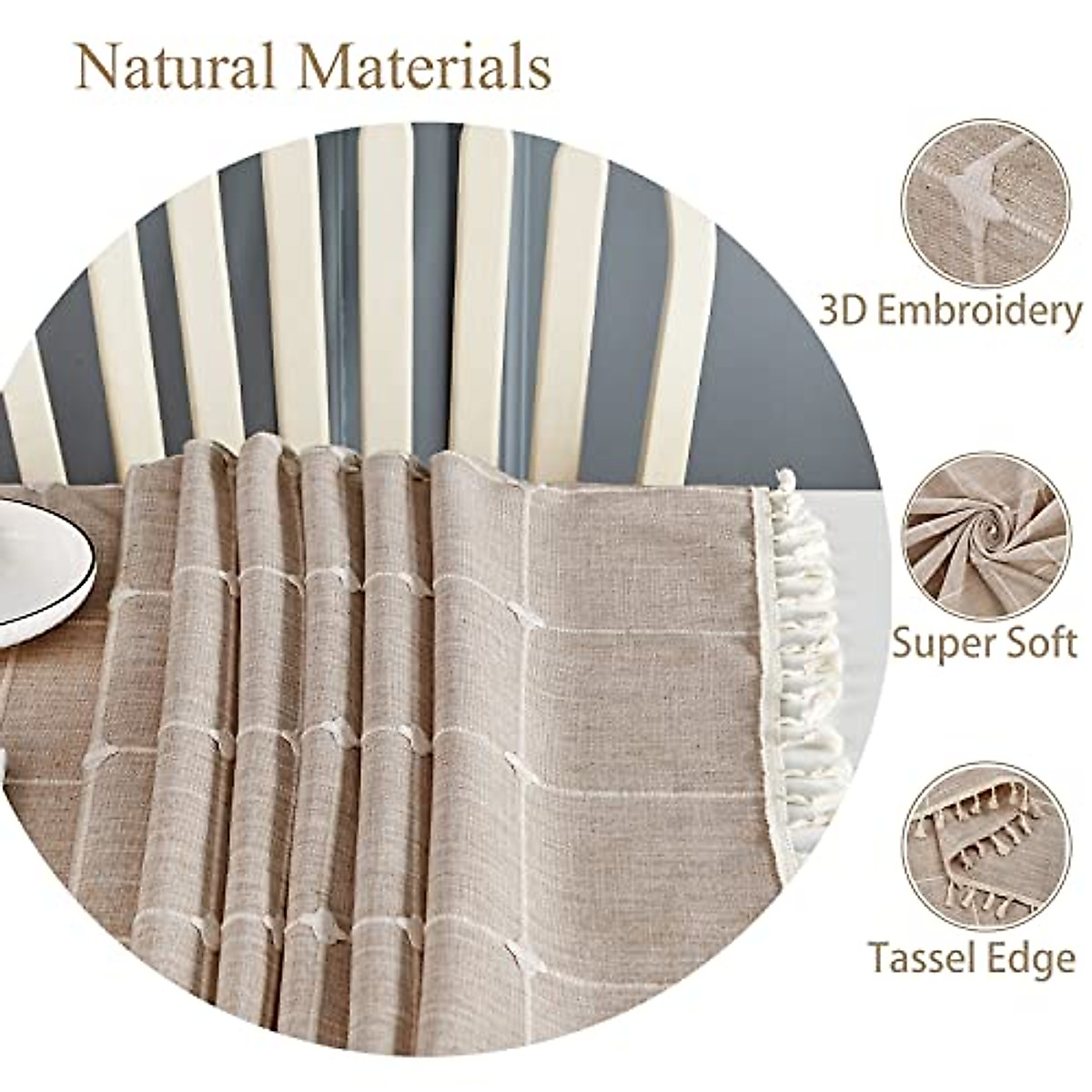 Mebakuk Rectangle Table Cloth Checkered Farmhouse Tassel Tablecloth Wrinkle Free and Washable Decorative Embroidered Fabric Table Cover for Kitchen (Oblong 55" x 86" (6-8 Seats), Coffee Grid)