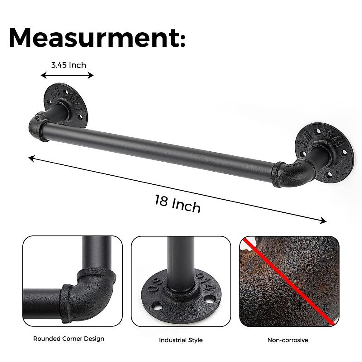 Industrial Pipe Towel Rack 18 Inch Black Towel Bar Heavy Duty Rustic Hand Towel Bar Wall Mounted DIY Rustic Iron Towel Holder for Bathroom Wall 1 Pack